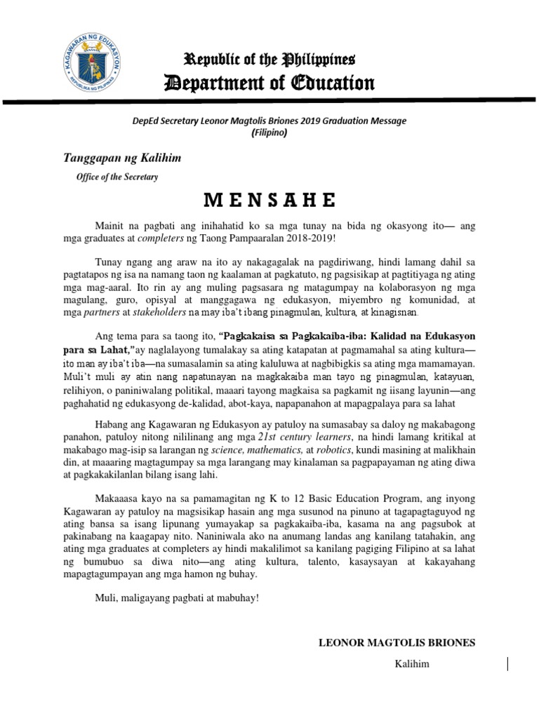 DepEd Sec - Leonor Magtolis Briones Graduation 2019 Message English and ...