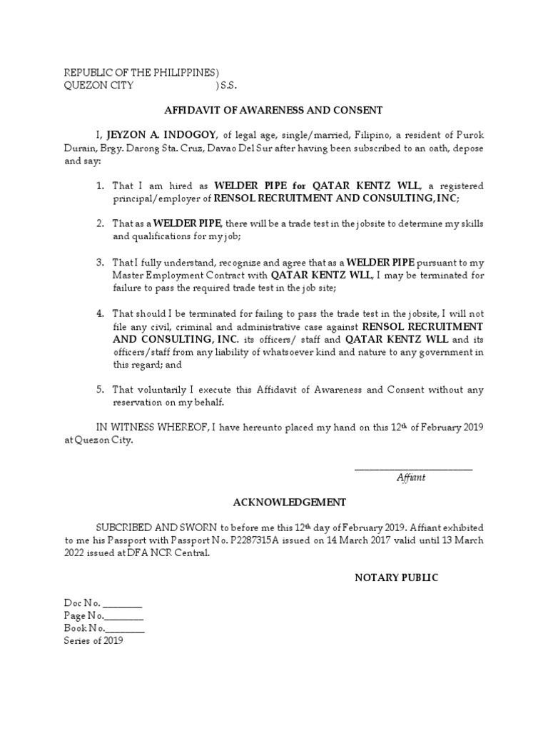 Affidavit of Awareness and Consent | PDF | Law