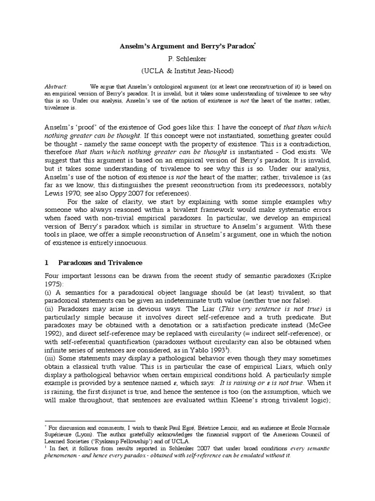 Anselm's Argument and Berry's Paradox | PDF | Truth | Concept