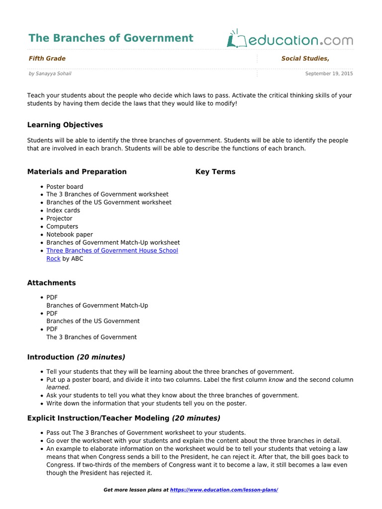 Fifth Grade Government Lesson Plan | PDF | Lesson Plan | Separation Of ...
