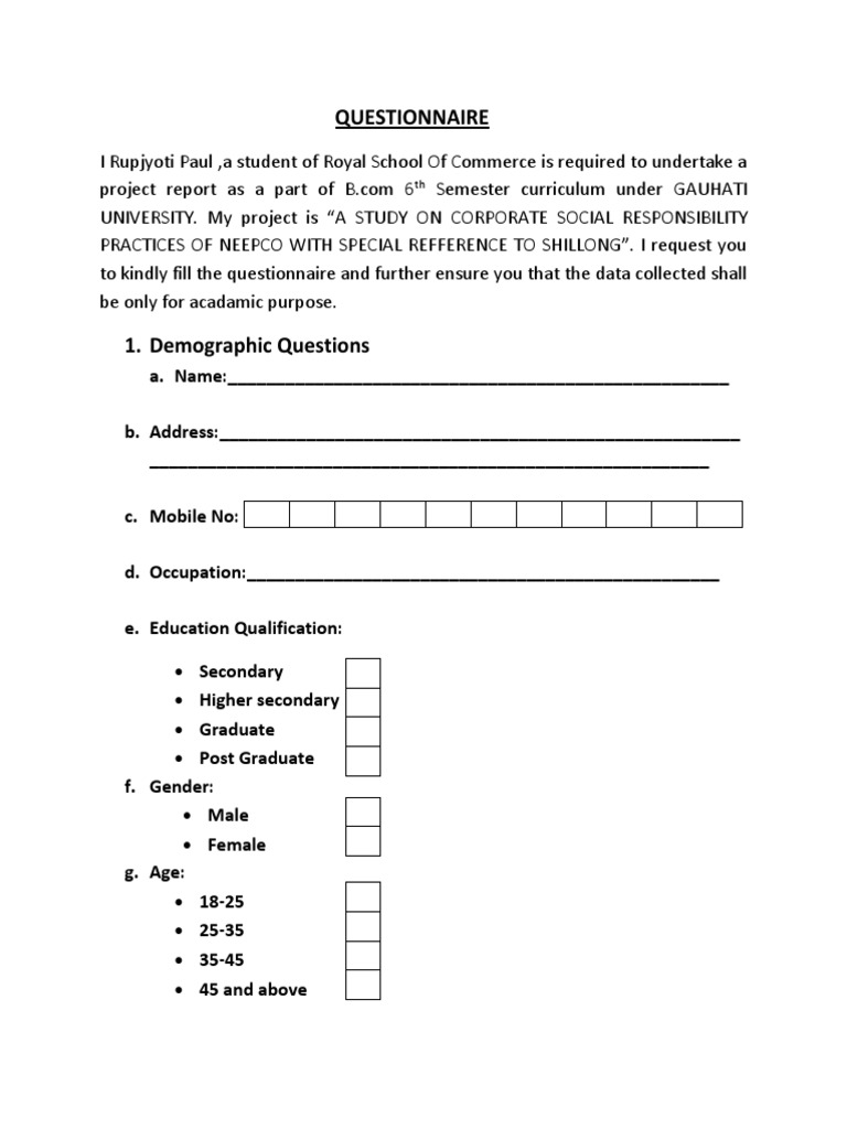 Questionnaire: 1. Demographic Questions | PDF
