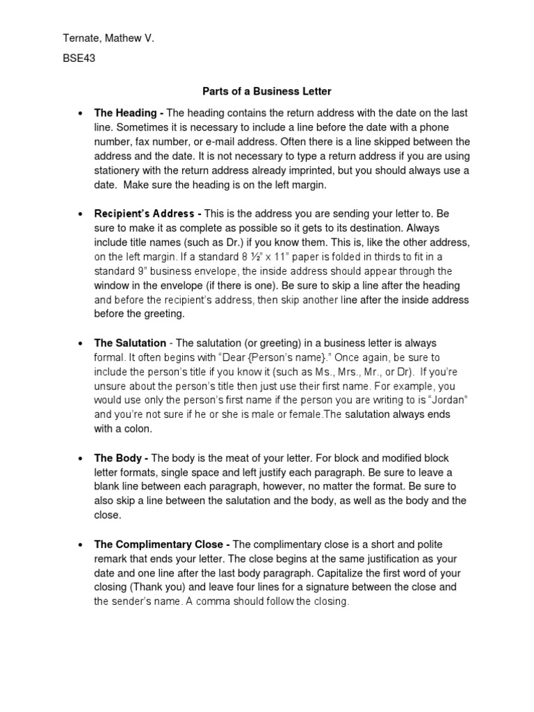 Parts of Business Letter | PDF | Paragraph | Human Communication