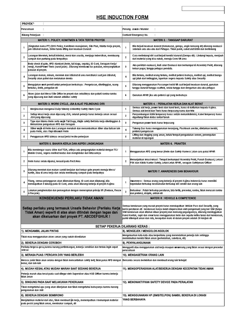 Form HSE Induction | PDF