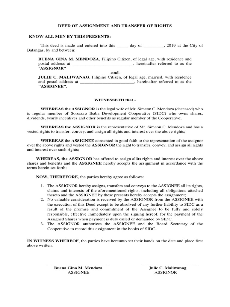 Deed of Assignment and Transfer of Rights | PDF | Assignment (Law ...
