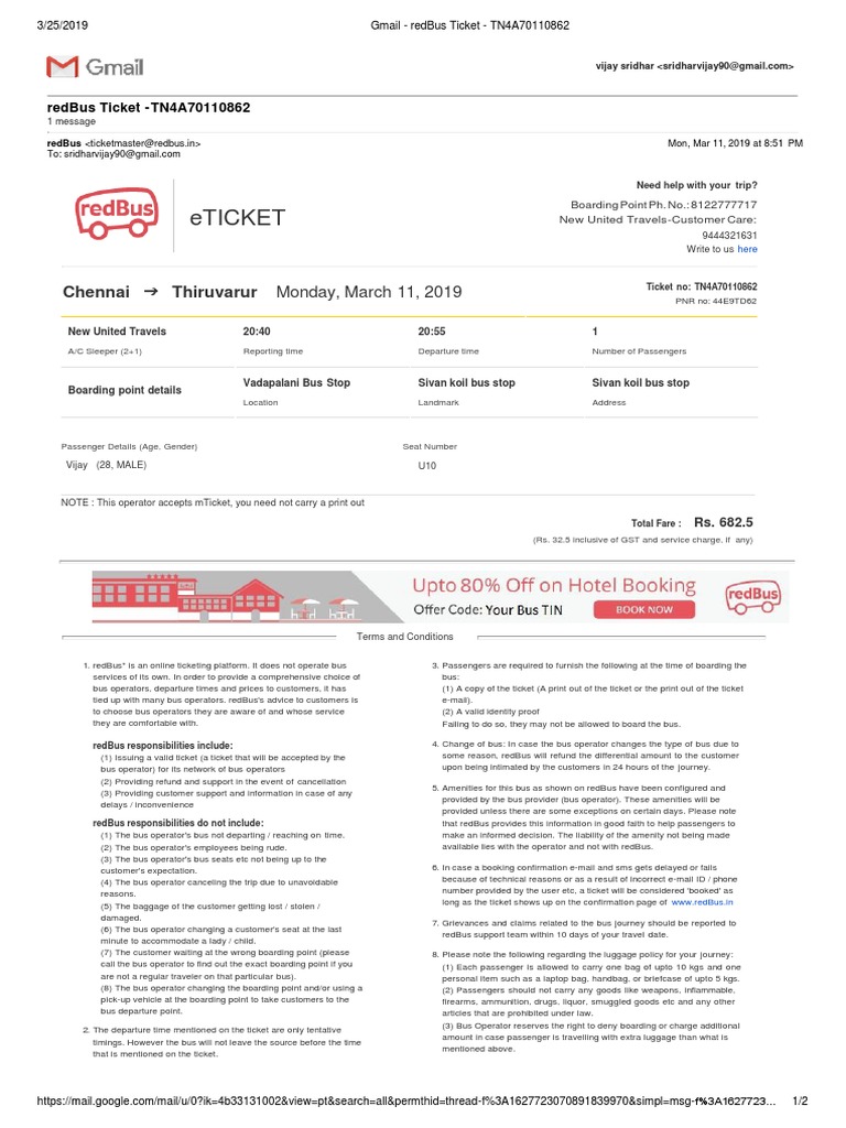 Redbus Ticket - TN4A70110862 | PDF | Ticket (Admission) | Bus
