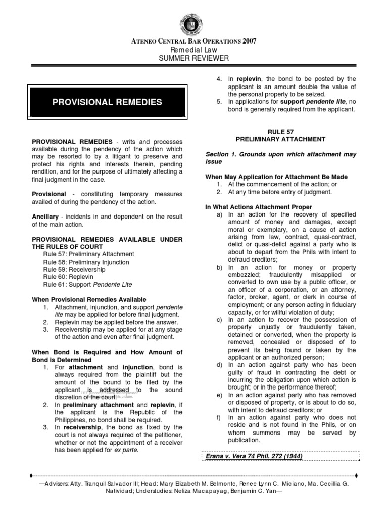 Provisional+Remedies Memory Aid PDF | PDF | Injunction | Receivership