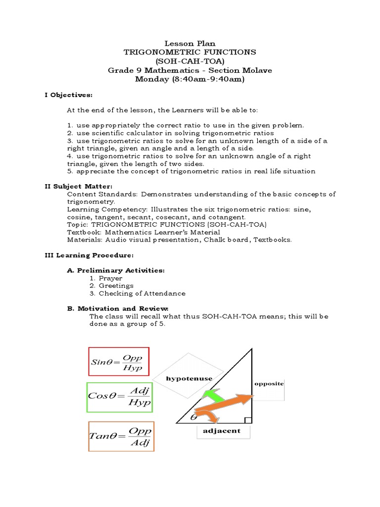 Lesson Plan Trigonometric Functions (Soh-Cah-Toa) Grade 9 Mathematics ...
