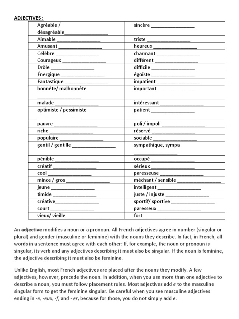 Class Notes and Exercices For All French Adjectives | PDF | Grammatical ...