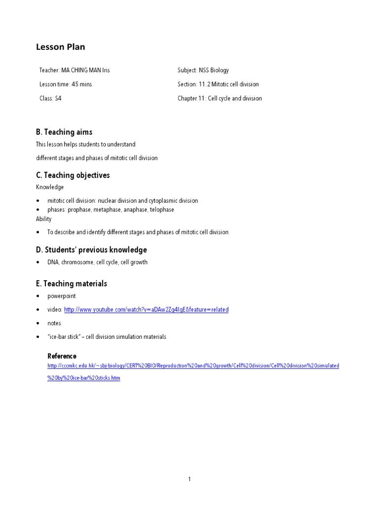 S4 Mitotic Cell Division Lesson Plan | PDF | Mitosis | Systems Biology
