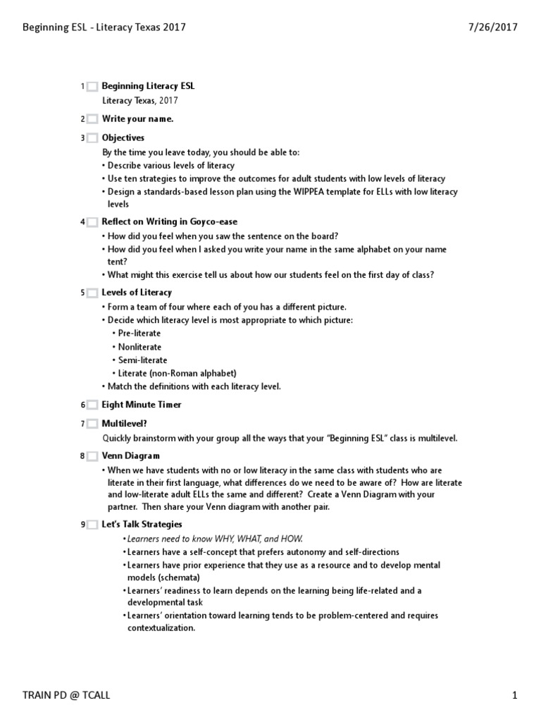 01 Beginning ESL Participant Handout | PDF | Literacy | Curriculum