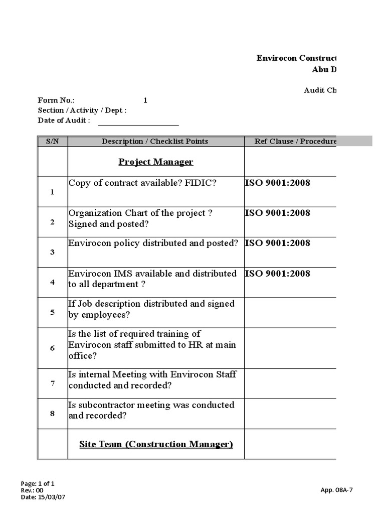 Audit Checklist for Plant.xlsx | Iso 9000 | Technology