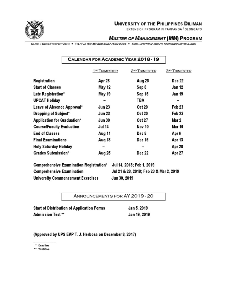 UP Diliman Master of Management Calendar | PDF