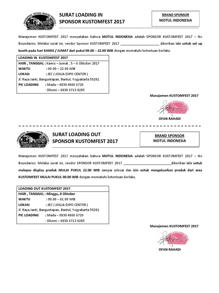 Surat Loading in & Loading Out 2017 - Motul Indonesia | PDF