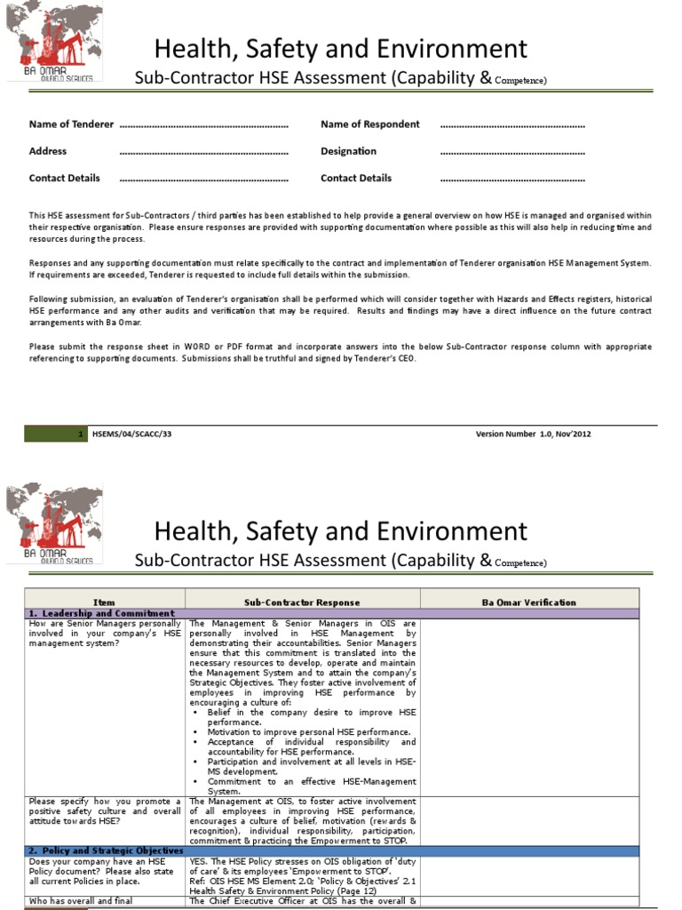 Appendix 6 Sub Contractor HSE Assessment HSEMS-04-SCACC-33 | PDF | Competence (Human Resources ...
