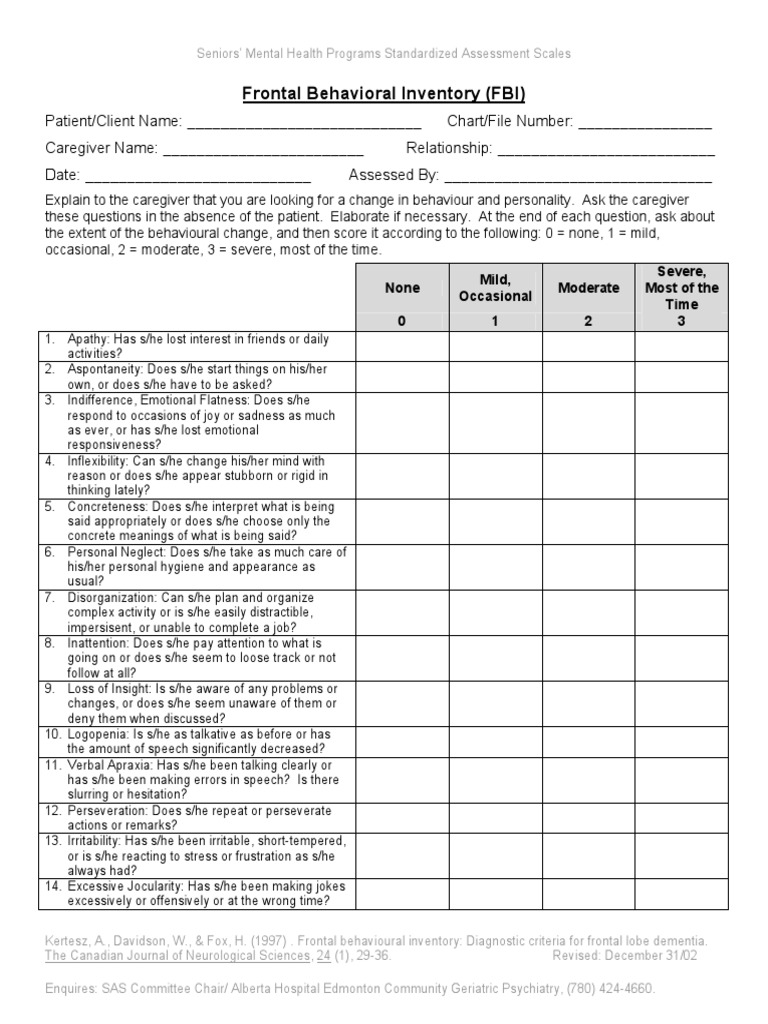 Frontal Behavioral Inventory Assessment | PDF | Caregiver | Mental And ...