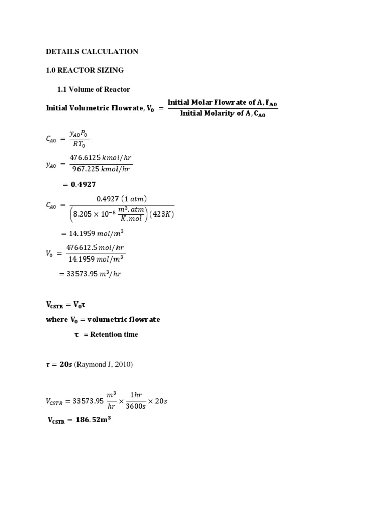 Details Calculation 1.0 Reactor Sizing 1.1 Volume of Reactor | PDF ...