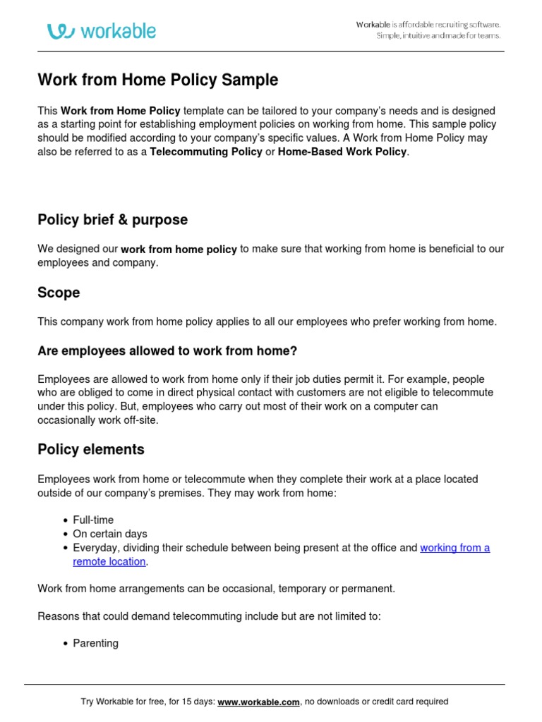 Work Home Policy Sample | PDF | Telecommuting | Employment