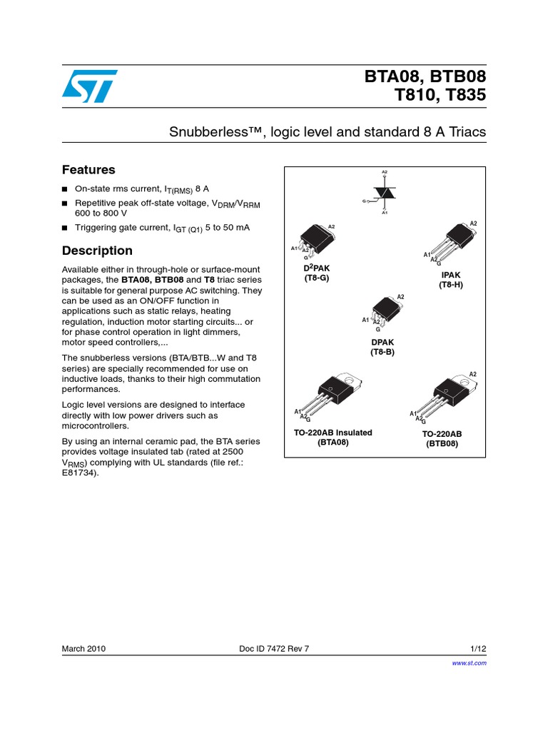 BTA08, BTB08 T810, T835: Snubberless™, Logic Level and Standard 8 A Triacs | PDF | Intellectual ...
