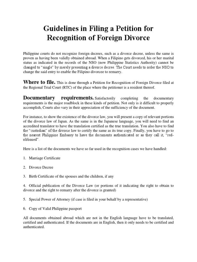 Guidelines in Filing A Petition For Recognition of Foreign Divorce | PDF | Divorce | Marriage