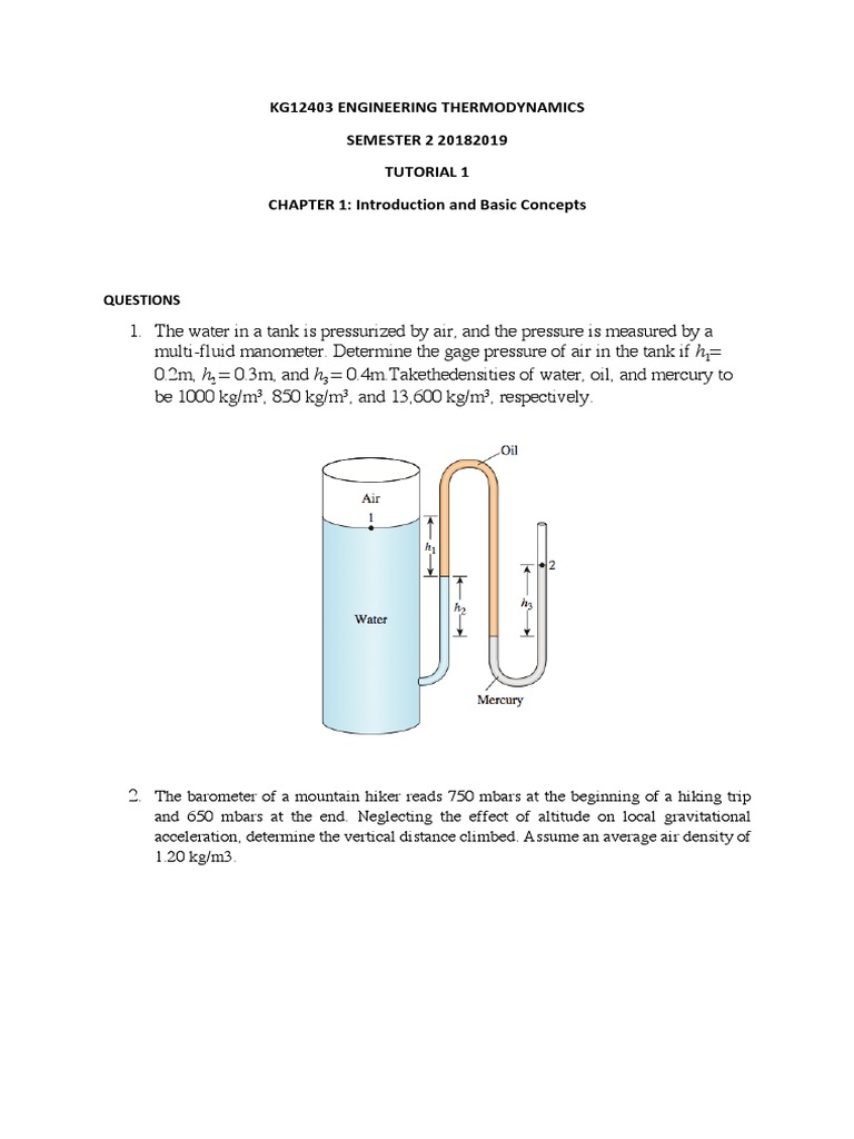 Thermodynamics Tutorial 1 | PDF | Pressure Measurement | Pressure