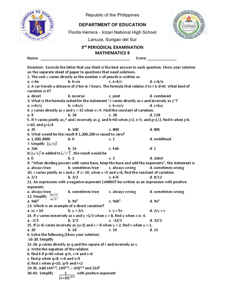 Grade 9 3rd Quarter Math Exam | PDF | Exponentiation | Algebra