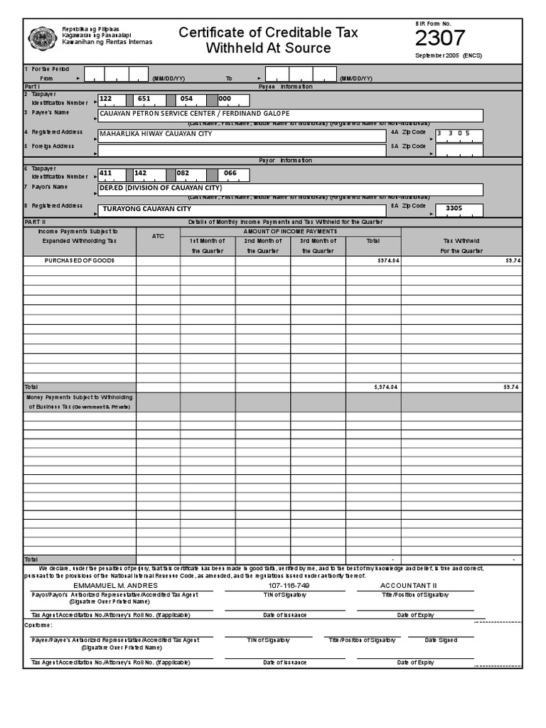 Certificate of Creditable Tax Withheld at Source: Cauayan Petron ...