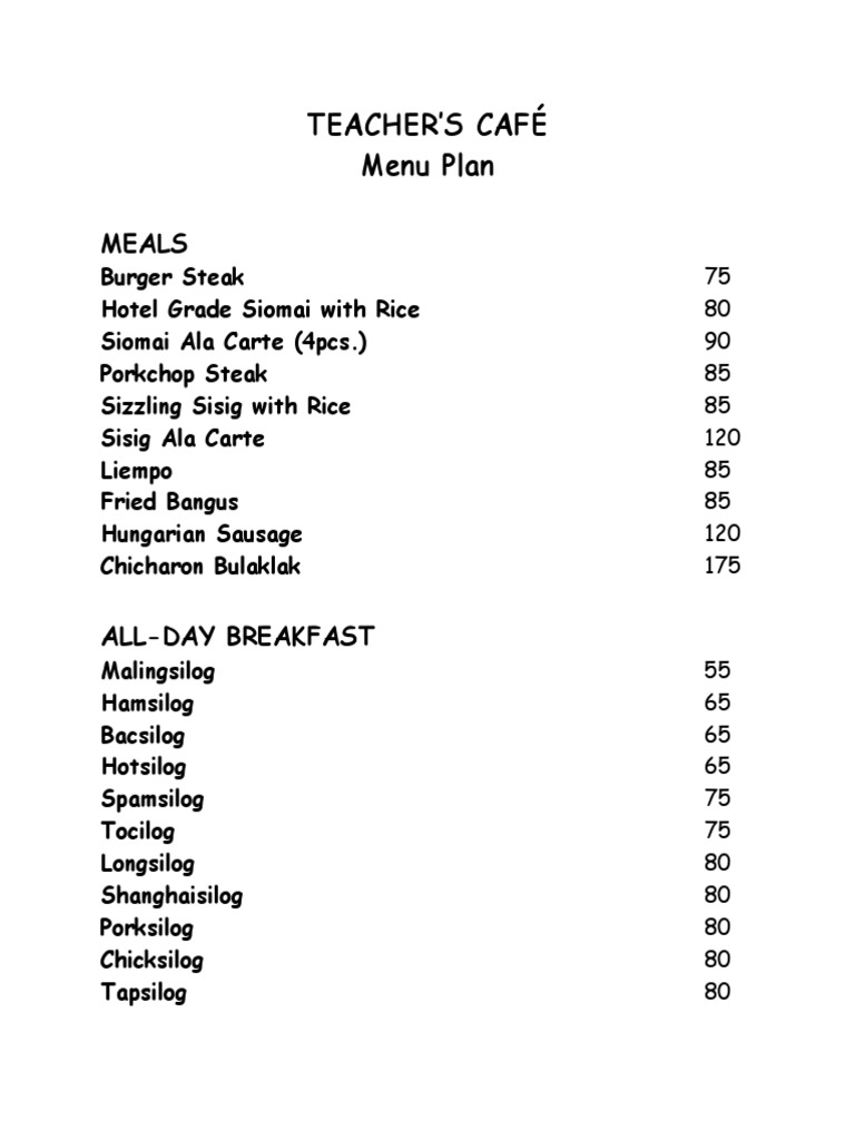Teacher'S Café Menu Plan: Meals | PDF