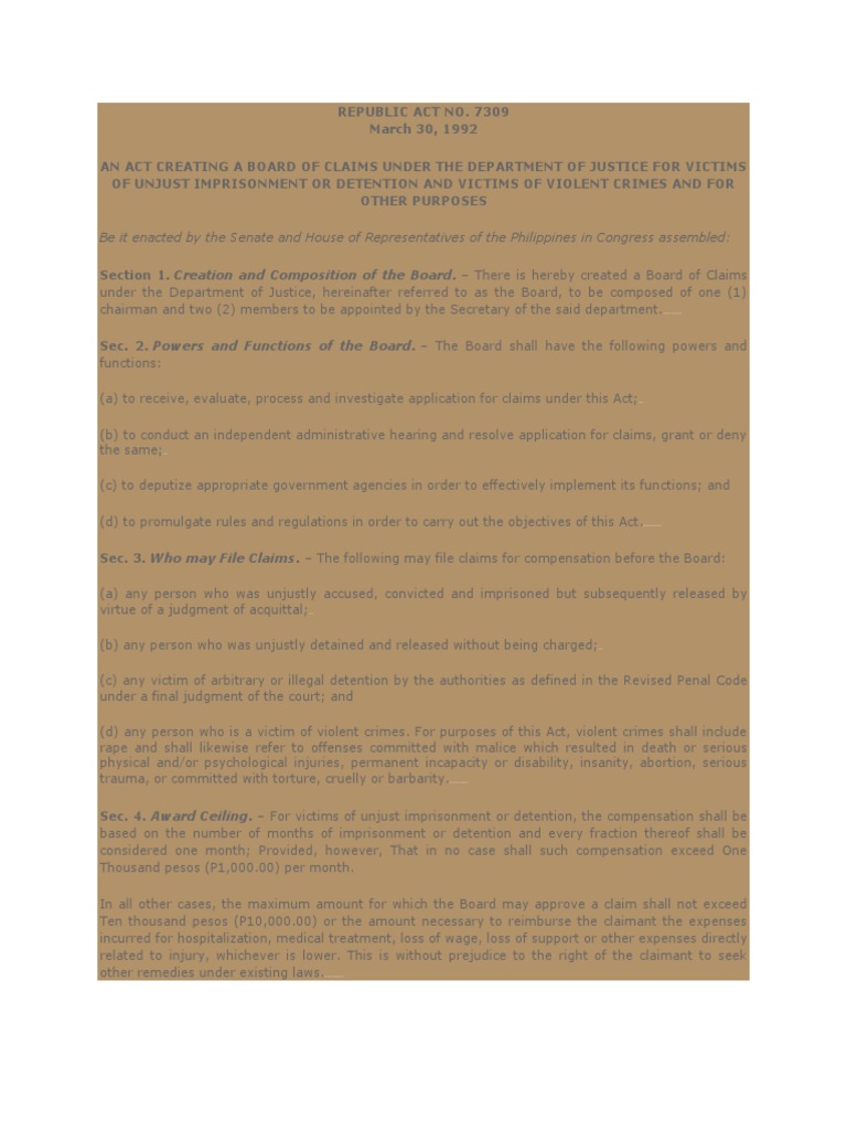 Republic Act No. 7309 An Act Creating A Board of Claims Under The ...