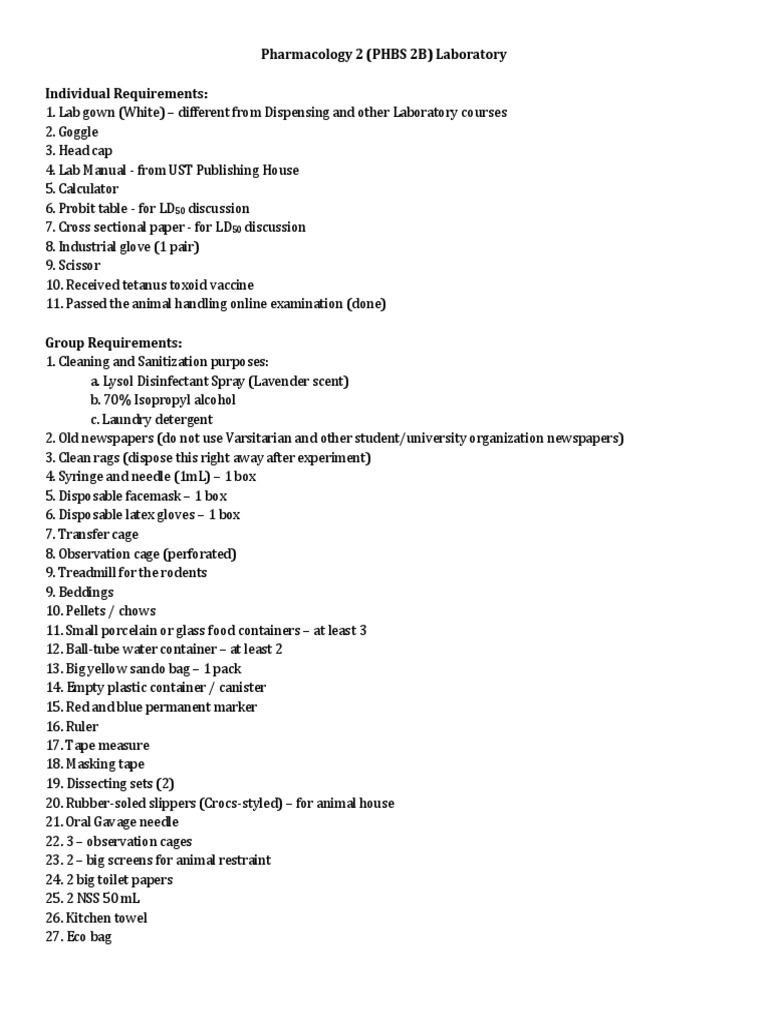 Pharmacology 2 (PHBS 2B) Laboratory Individual Requirements | PDF