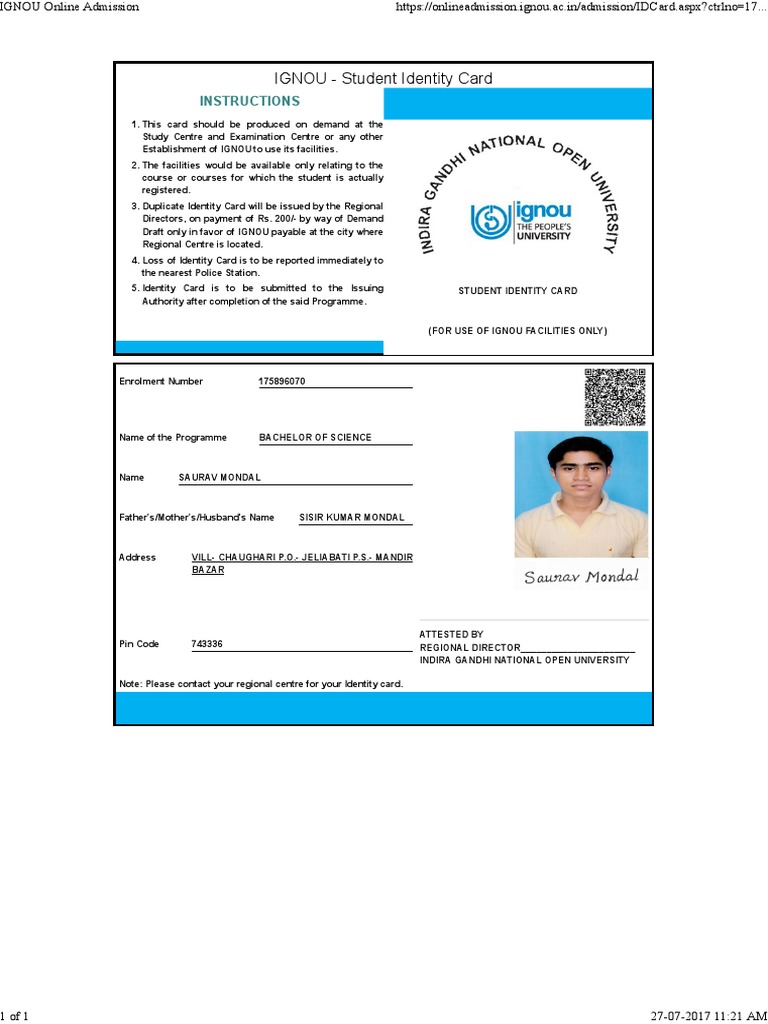IGNOU Student Identity Card Instructions | PDF