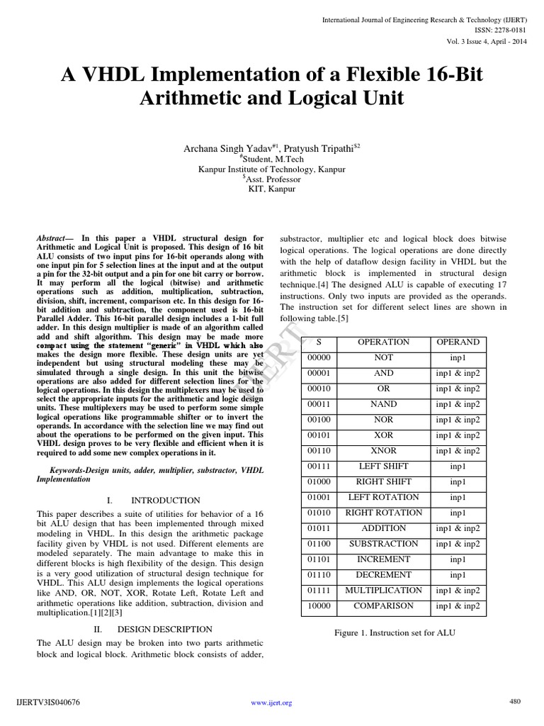 Ijert Ijert: A VHDL Implementation of A Flexible 16-Bit Arithmetic and Logical Unit | PDF | Vhdl ...