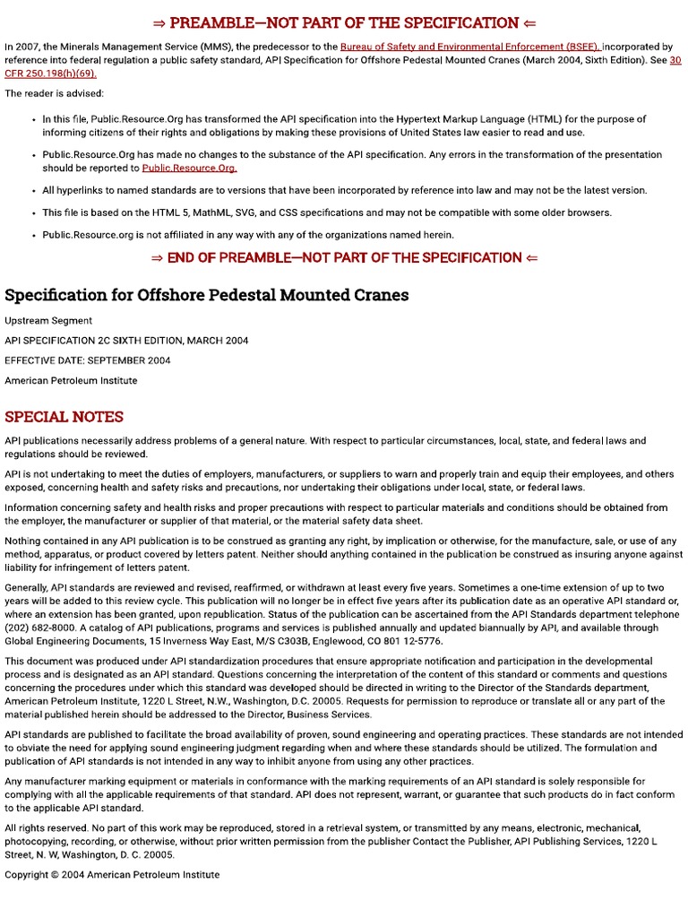 API 2C (2004) - Specification For Offshore Pedestal Mounted Cranes PDF ...