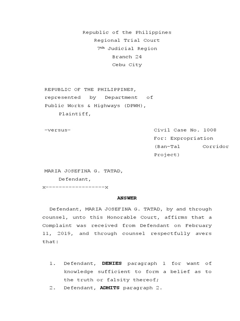 Answer to Expropriation Complaint | PDF | Lawsuit | Complaint