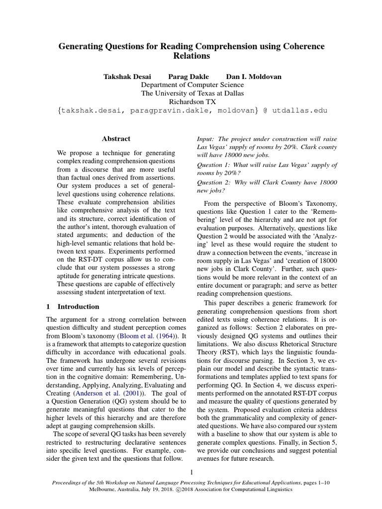 Generating Questions For Reading Comprehension Using Coherence Relations | PDF | Parsing | Phrase