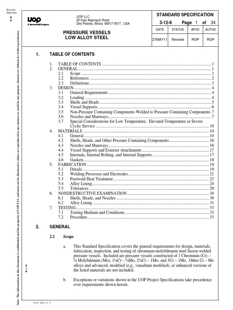 Pressure Vessel Design Specification for Low Alloy Steel: Revision ...