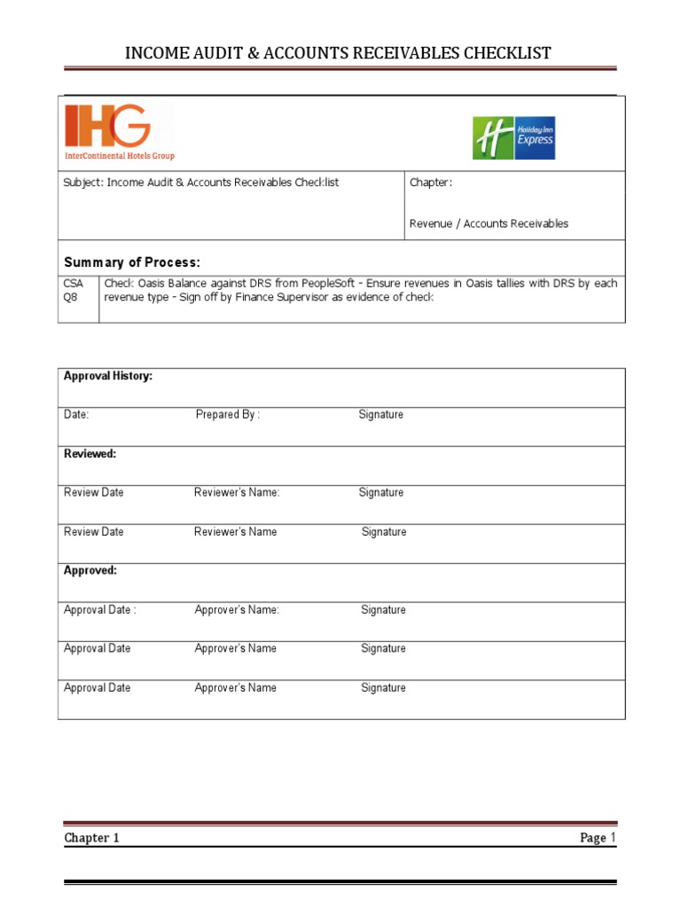 Income Audit and AR Checklist - No 1 - Oasis Balance Against DRS From ...