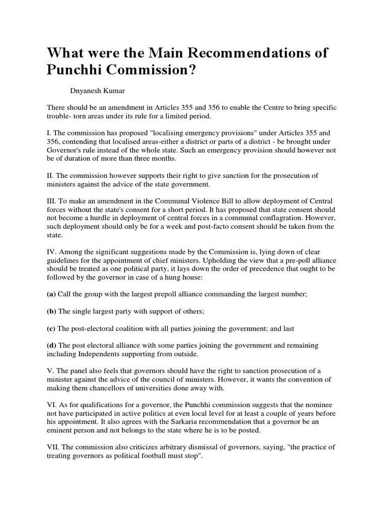 Punchhi Commission Recommendations Summary | PDF | Prime Minister ...