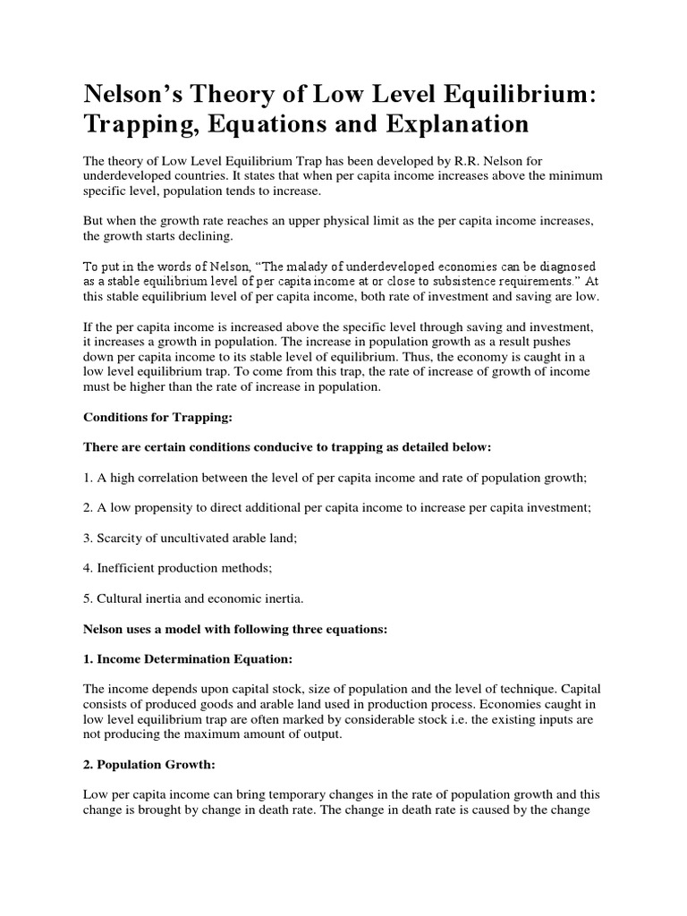 Nelson's Theory of Low Level Equilibrium: Trapping, Equations and ...