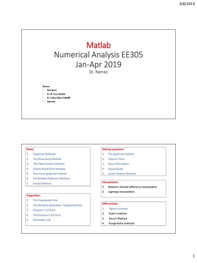Numerical Analysis EE305 Jan-Apr 2019: Matlab | PDF | Numerical ...