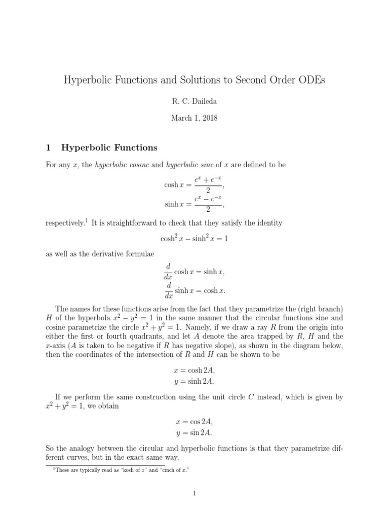 General Solutions to Second Order Homogeneous Linear Constant Coefficient ODEs Using Hyperbolic ...