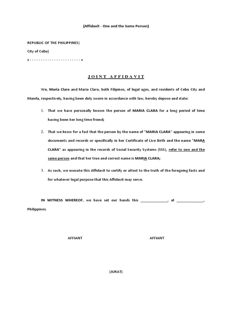 Joint Affidavit: (Affidavit - One and The Same Person) | PDF
