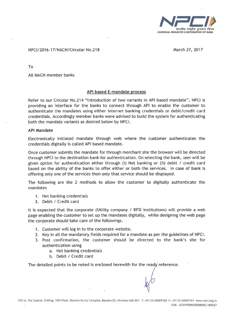 NACH Circular No 218 - API Based E-Mandate Process | PDF