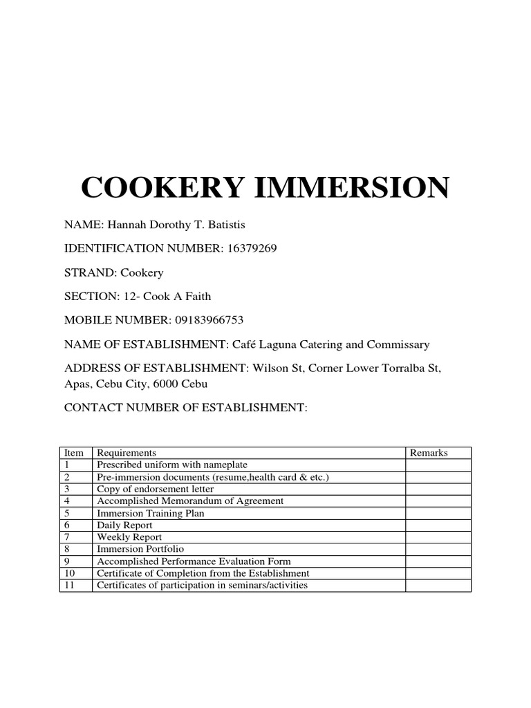 Cookery Immersion | PDF