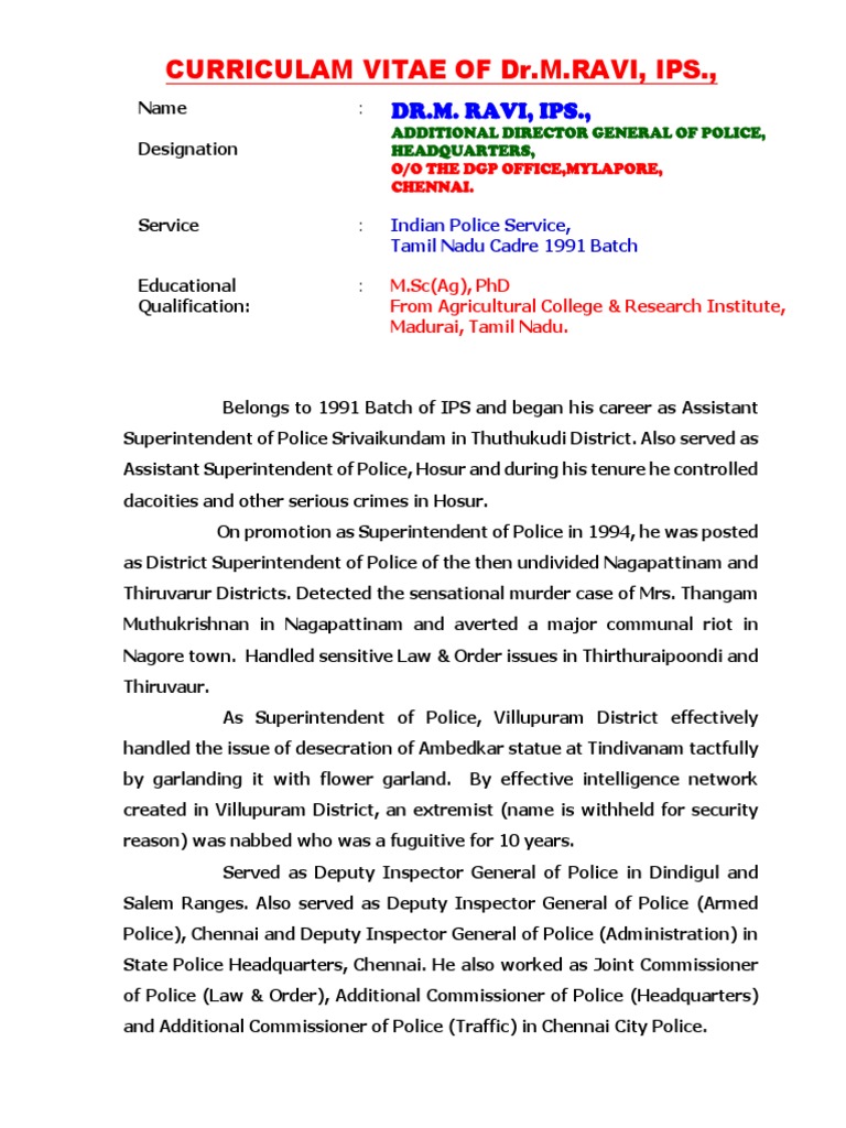 Curriculam Vitae of Dr.M.Ravi, Ips. | PDF