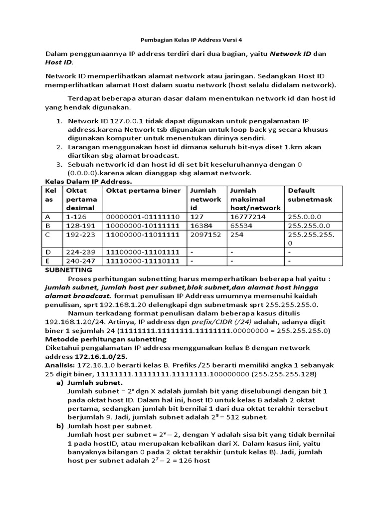 Pembagian Kelas IP Address Versi 4 | PDF