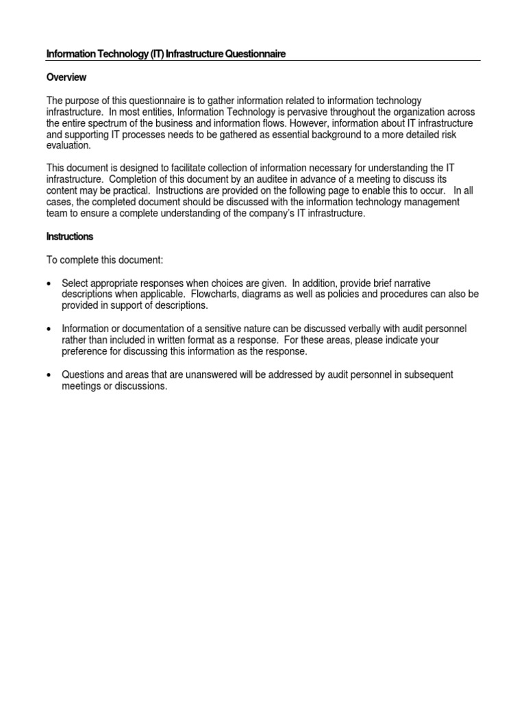 Information Technology (IT) Infrastructure Questionnaire | PDF ...
