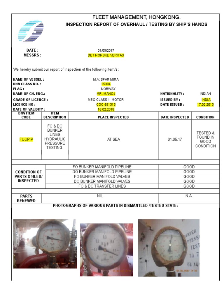 Bunker Line Pressure Test Report | PDF | Ships | Nature