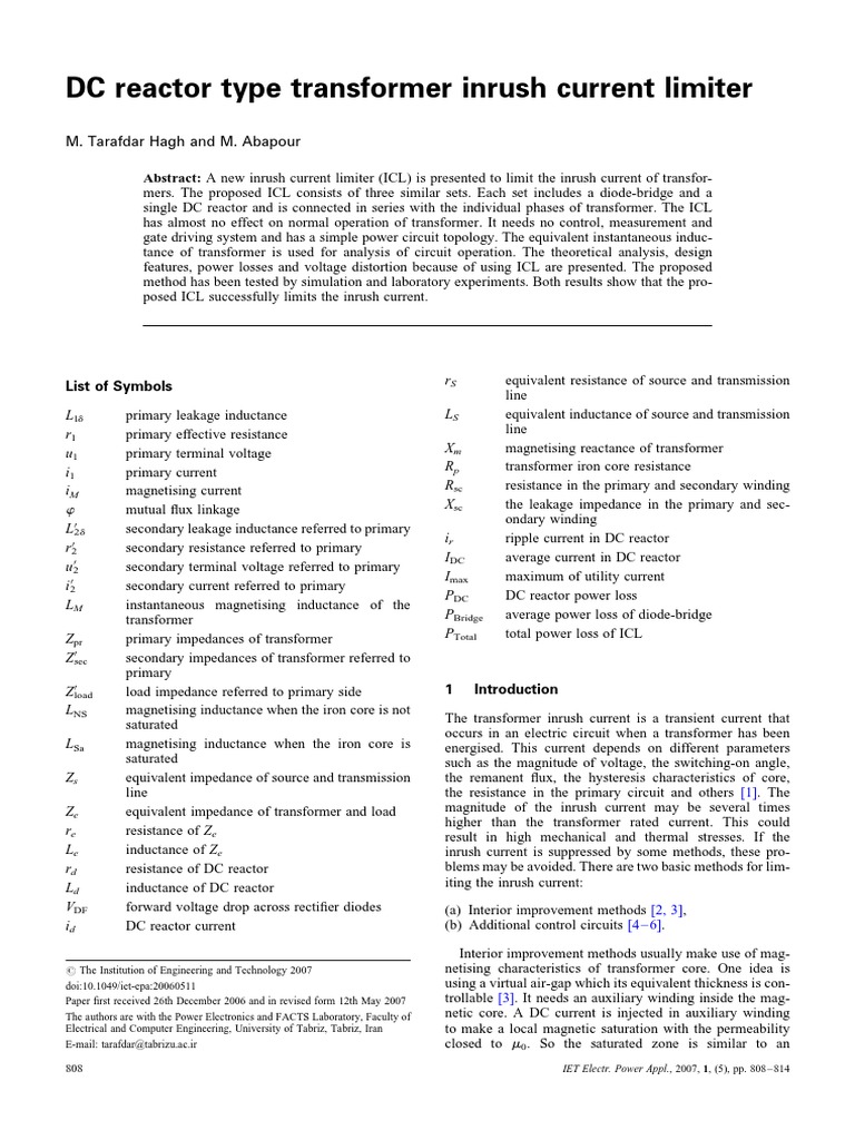 DC Reactor Type Transformer Inrush Current Limiter PDF | PDF | Transformer | Inductance