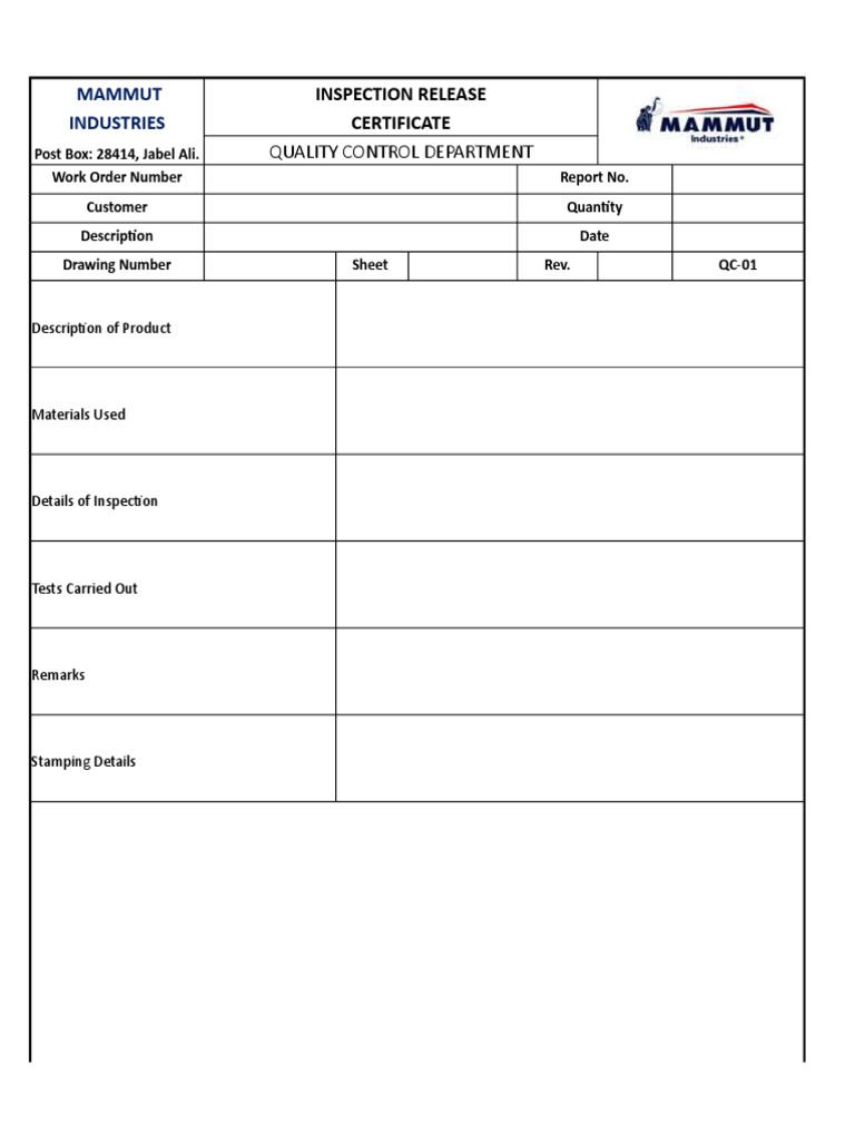 Inspection Release Certificate Template | PDF