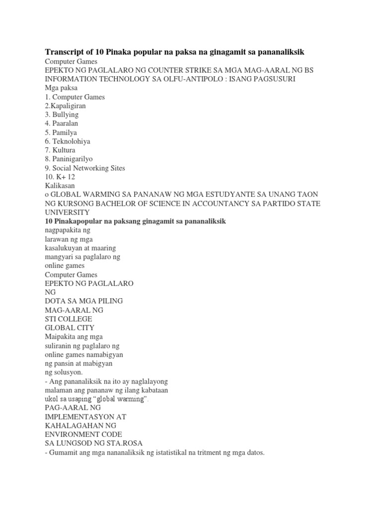 10 Pinaka Popular Na Paksa Na Ginagamit Sa Pananaliksik | PDF